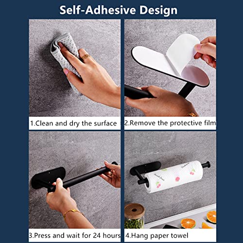 Aussido Paper Towel Holder Under Cabinet 13.2 inch Adhesive and Wall Mount Stainless Steel Paper Towel Holder Under Counter for Kitchen (Black)