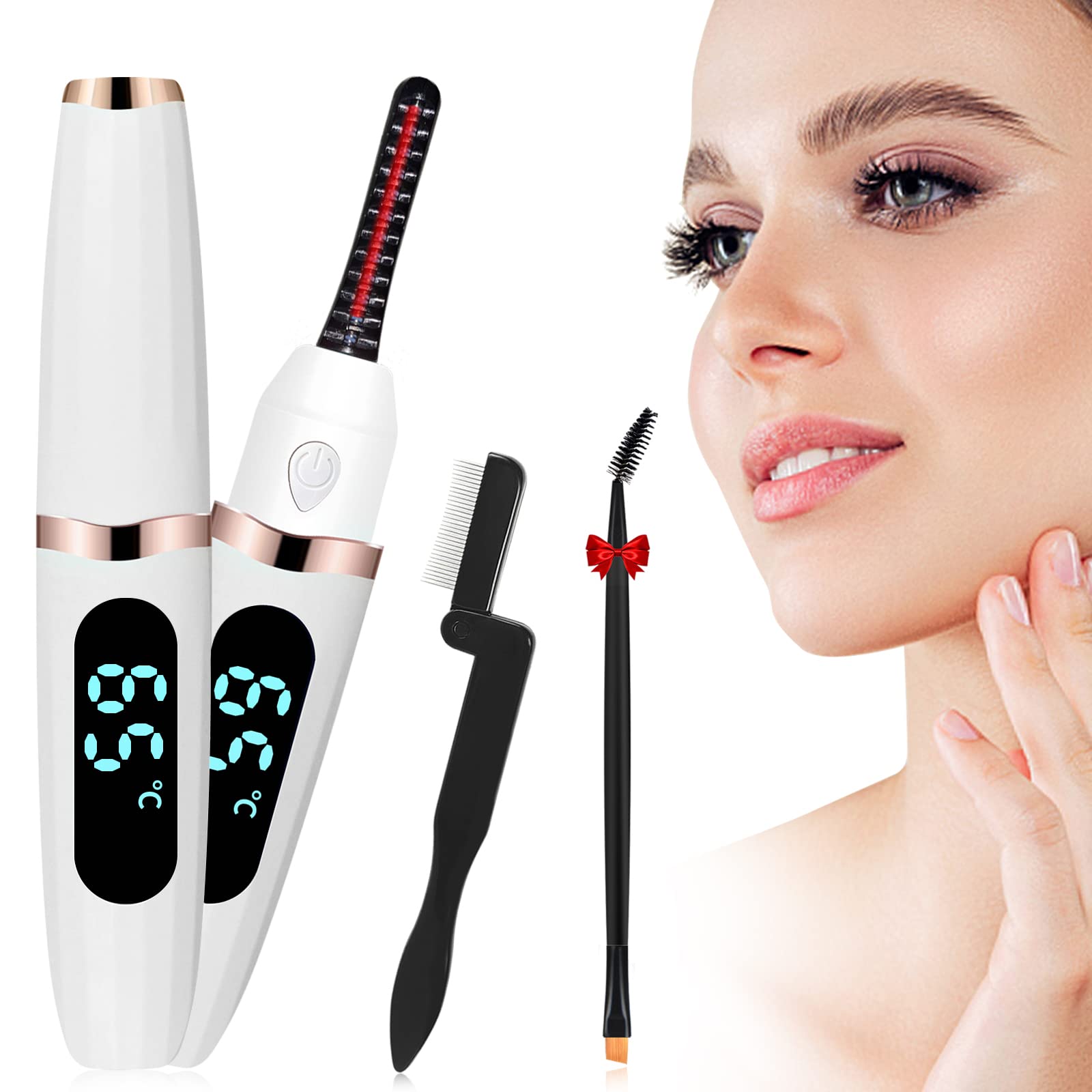 Acavado Heated Eyelash Curlers Heated Lash Curler with Comb Electric Eyelash Curler LED Display 3 Temperature Settings for Makeup Natural Curling 24H Long Lasting Eye Lashes Tool for Women White
