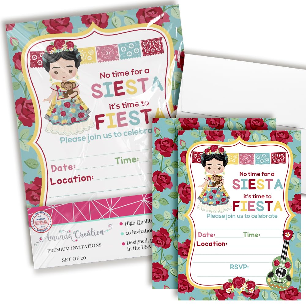 Amanda Creation Frida Fiesta Themed Birthday Party Invitations, 20 5x7 Fill In Cards with Twenty White Envelopes
