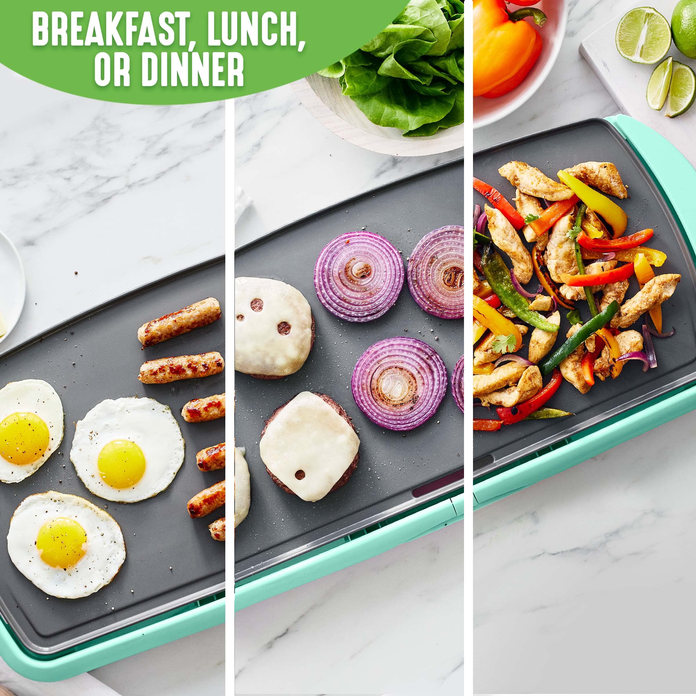 GreenLife 20" Electric Griddle, Extra Large Surface for Pancakes Eggs Fajitas, Healthy Ceramic Nonstick Coating, Stay Cool Handles, Removable Drip Tray, Temperature Control, PFAS-Free, Turquoise
