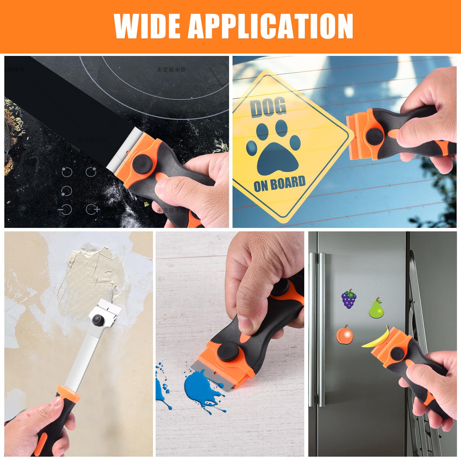 NECAMOCU 3 Pack Razor Blade Scraper, Premium Cleaning Scraper Tool with 60 PCS Metal & Plastic Razor Blades, Multi-Purpose Glass Scraper for Windows, Sticker, Decals, Cooktop, Paint Removal (Orange)