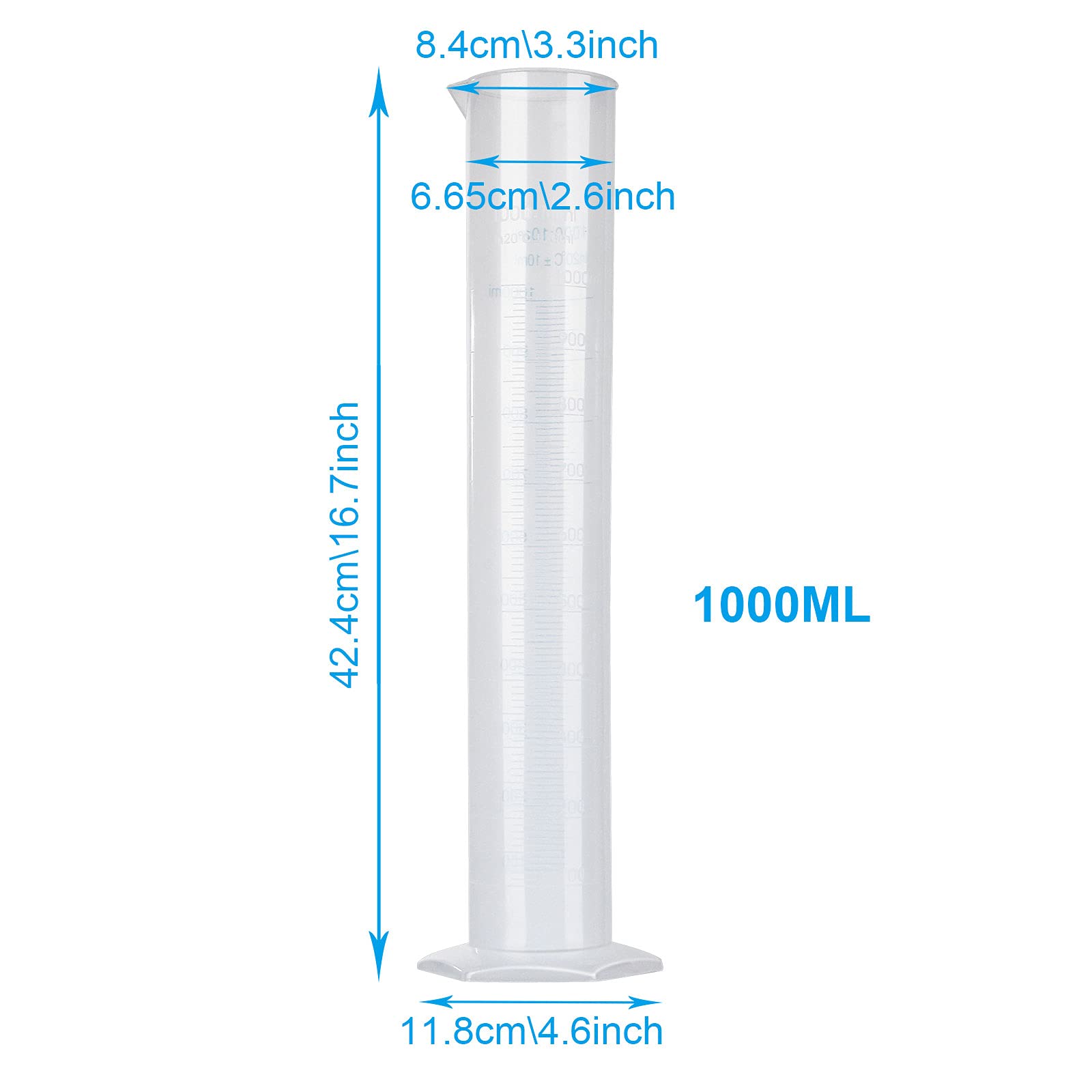 AKOLAFE 2 Pack 1000ml Plastic Graduated Cylinder, Transparent Measuring Cylinder Set, Science Measuring Test Tube Flask with 2-Sided Marking & Pour Spout, for Science Projects, Laboratory Supplies