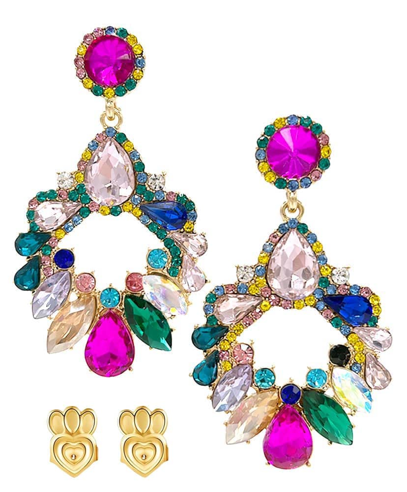 BelleKarat Rhinestone Statement Large Dangle Earrings for Women Sparkly Crystal Colorful Fashion Earrings with Earring Lifters (Multicolor)