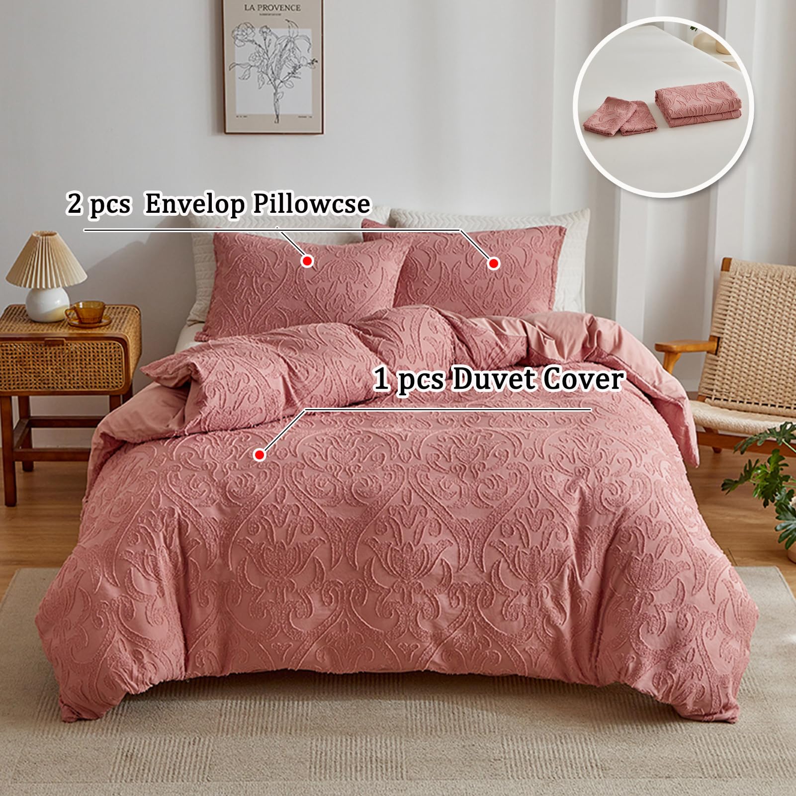 Warmarky Pink Duvet Cover Queen Size Boho Tufted Duvet Cover Queen(90x90’’) Soft Breathable Cation Microfiber Light-Weight Bedding Set,1pcs Comforter Cover,2pcs Envelop Pillowcase