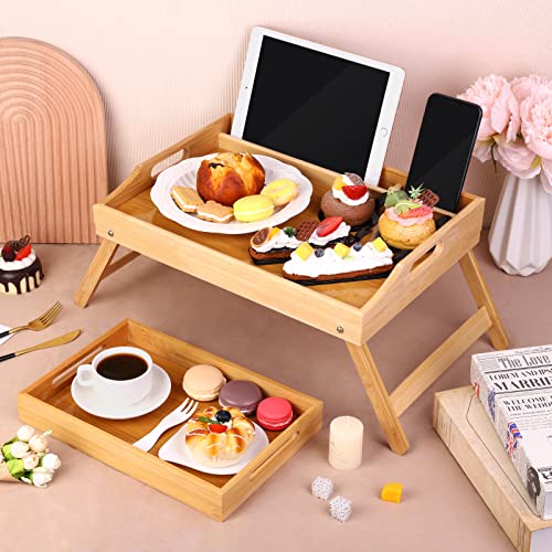 Aodaer 2 Pack Natural Bed Table Tray with Folding Legs Breakfast Food Tray with Phone Tablet Holder Portable Serving Platters Tray with Handles Food Tray for Bed, Kitchen, Eating, Working