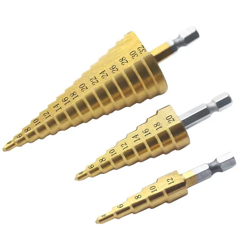 3Pcs High Speed Steel Step Cone Drill Bit Hole Cutter Hex Shank Titanium Plating Drill, Short Length Drill Bit, Step Drill with Hexagonal Handle for Wood/Metal Drilling - Step Drill Bit(4-12/20/32mm)