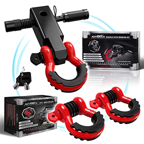 AUTMATCH Shackles 3/4" D Ring Shackle and Shackle Hitch Receiver 2 Inch with 5/8" Trailer Hitch Lock Pin, 45,000 Lbs Break Strength Heavy Duty Receiver Kit for Vehicle, Red