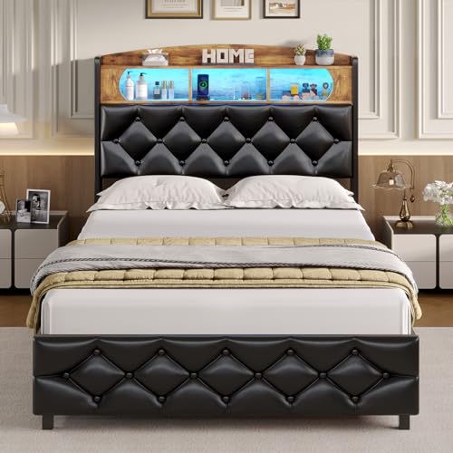 ADORNEVE Lift Up Storage Bed Frame Twin Size with LED Lights Headboard and Charging Station, Upholstered Storage Headboard, Hydraulic Storage, Solid Wood Slats Support, Noise-Free, PU Black