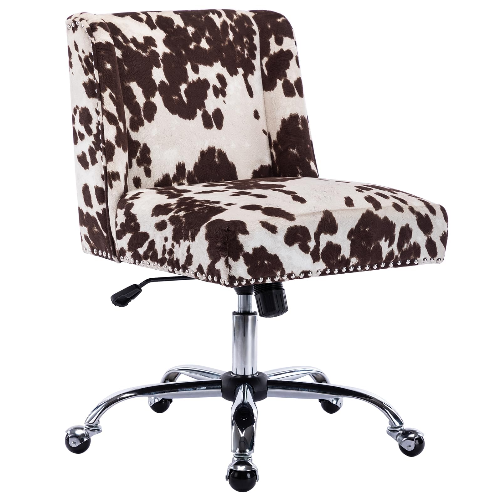 Janoray Home Office Desk Chair, Modern Swivel Height Adjustable Computer Chair, Comfy Upholstered Armless Accent Chair for Reading/Living Room/Small Space, Cow Fabric & Chrome Base