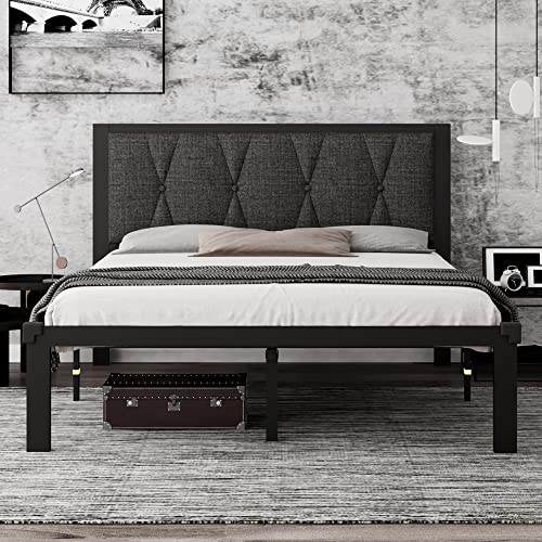 iPormis Queen Metal Platform Bed Frame with Upholstered Headboard, Upgraded Heavy Duty Bed Frame with Steel Slats Support/12 Under Bed Storage, Noise Free, No Box Spring Needed, Dark Gray