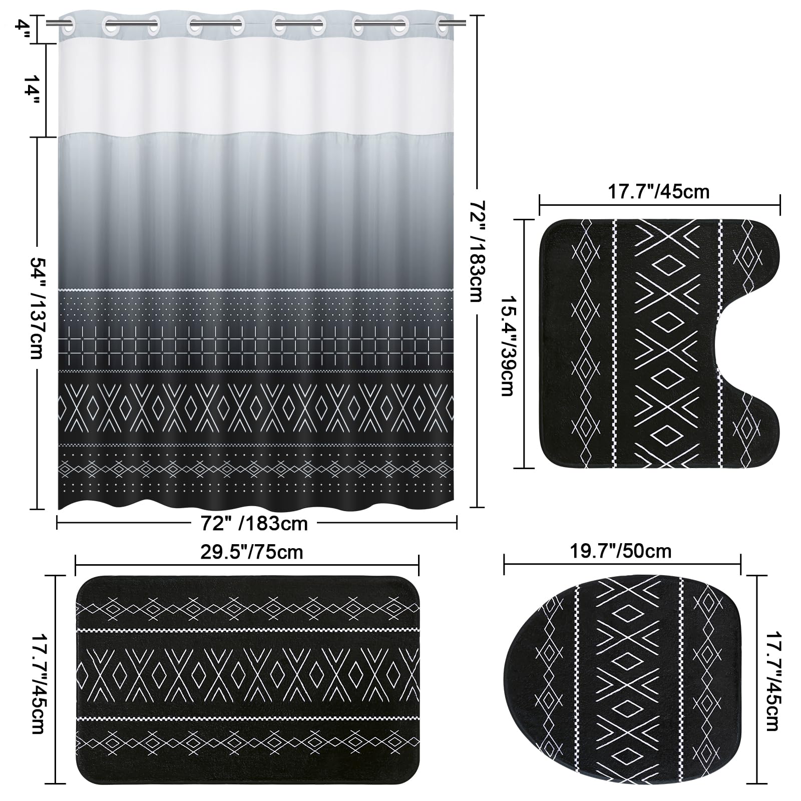 4 Pcs Teal Grey Boho Shower Curtain Set with Memory Foam Bathroom Rugs Sets 2 Piece, No Hook Shower Curtain with Snap in Liner, Hotel Modern Bathroom Curtain with Sheer Window, Ombre Bathroom Decor
