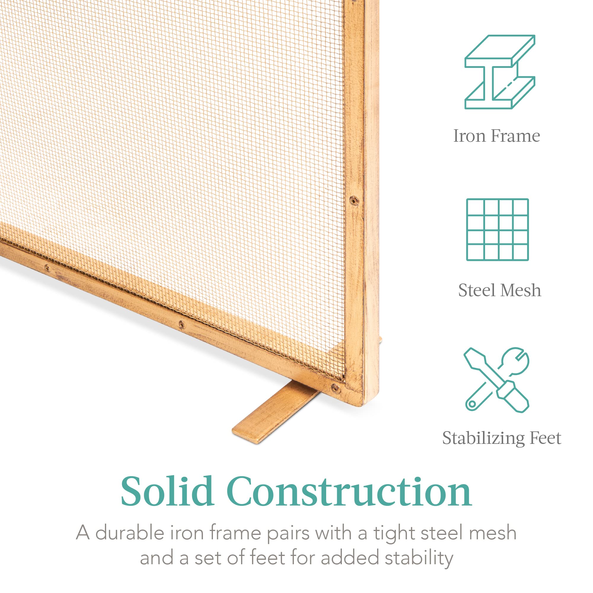 Best Choice Products 38x27in Single Panel Fireplace Screen Handcrafted Steel Mesh Spark Guard for Living Room, Bedroom Décor w/Handles - Antique Gold
