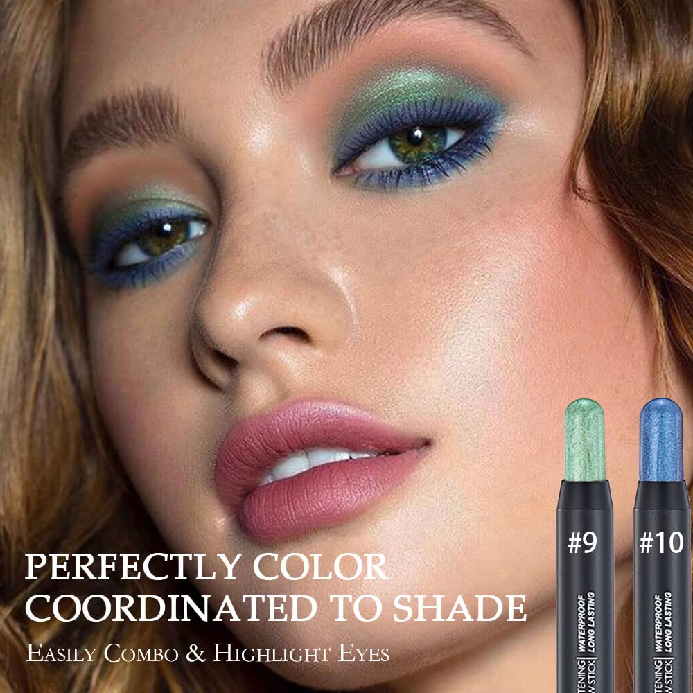 2Pcs Shimmer Cream Eyeshadow Stick,Blue Green Eye Brightener Highlighter Eye Shadow Stick Sets,Long Lasting Waterproof Smudge Proof EyeShadow Cream Makeup,Vegan Eyeshadow Pencil Crayon With Soft Brush