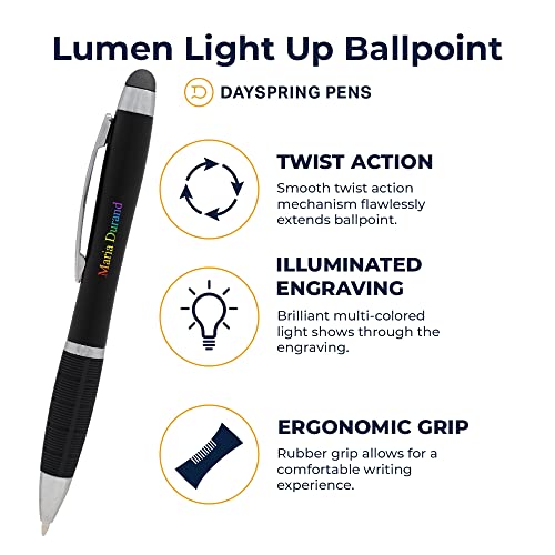 Dayspring Pens Personalized Pen | Black Lumen Light Up Pen. A Gift Pen With Engraving That Lights Up. Personalized Gift Light Up Click Stylus.