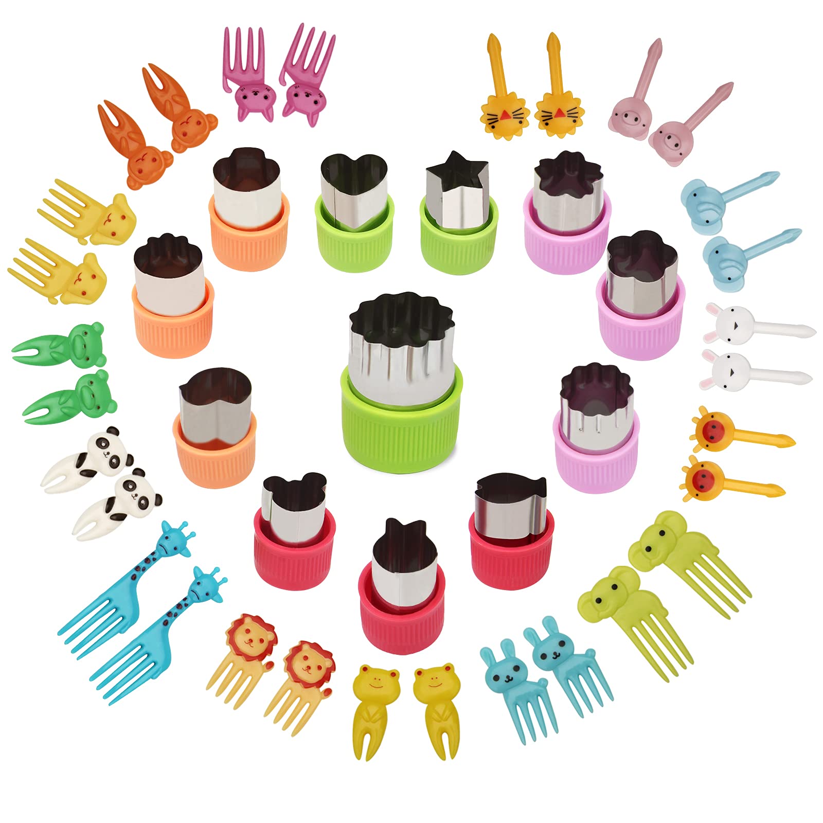 42Pcs Vegetable Fruit Cutter Shapes Sets, Coolrunner 12Pcs Vegetable Cutters and 30Pcs Animal Food Picks for Kids, Mini Cookie Cutters Sandwich Cutter with Rabbit Elephant Fruit Picks for Bento Box