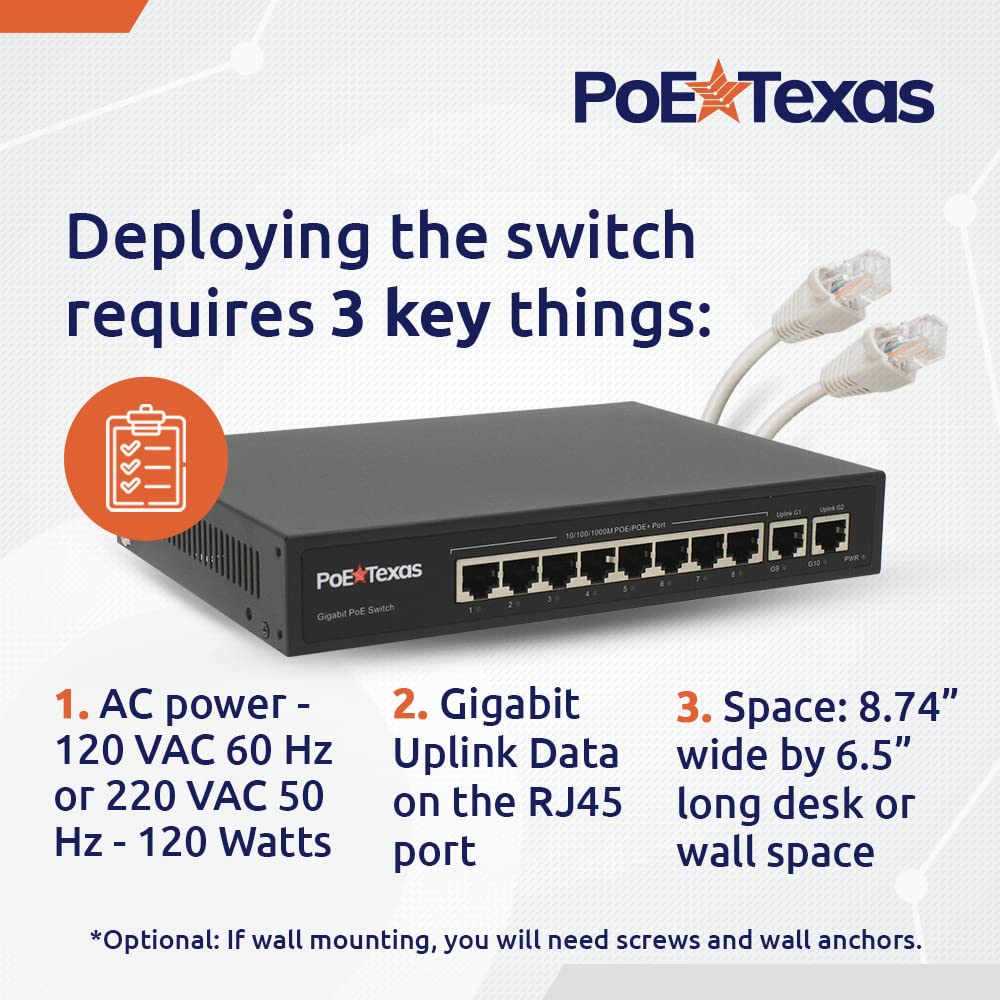 PoE Texas 8 Port PoE Switch - 802.3af/at Power Over Ethernet with 8 PoE+ Ports, 2 LAN Uplink, VLAN & Extender - 120W High Speed Unmanaged Wired Network Switch - Security Camera, Video & More