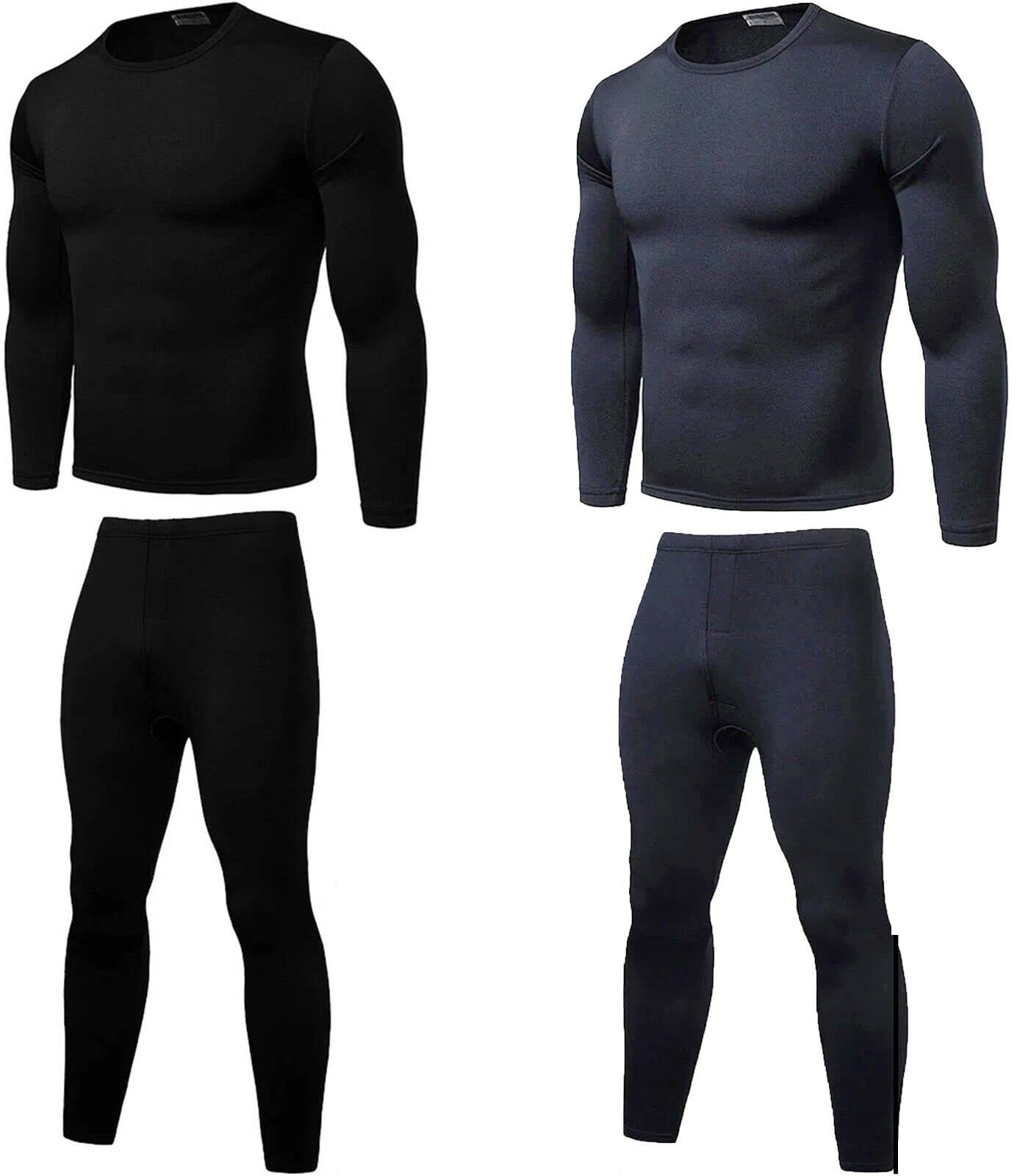 2 Set Mens Winter Fleece 100% Cotton Thermal Long Johns Top Bottom Underwear Set (as1, alpha, xx_l, regular, regular, Black&Navy)
