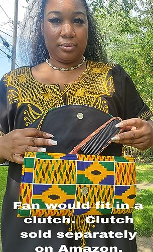 Ahiastring African Fabric Folding Fan: Church, Ankara, Leather, Wedding, Sports, and Pouch Included!