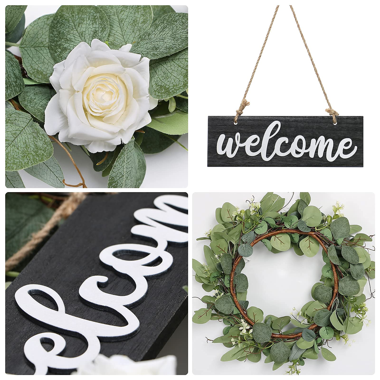 Dremisland Welcome Wreath for Front Door,18 Inch Artificial Rose Eucalyptus Leaves Wreath,Floral Garland Wreath for Window Garden Festival Celebration Wedding Home Decor (Black)
