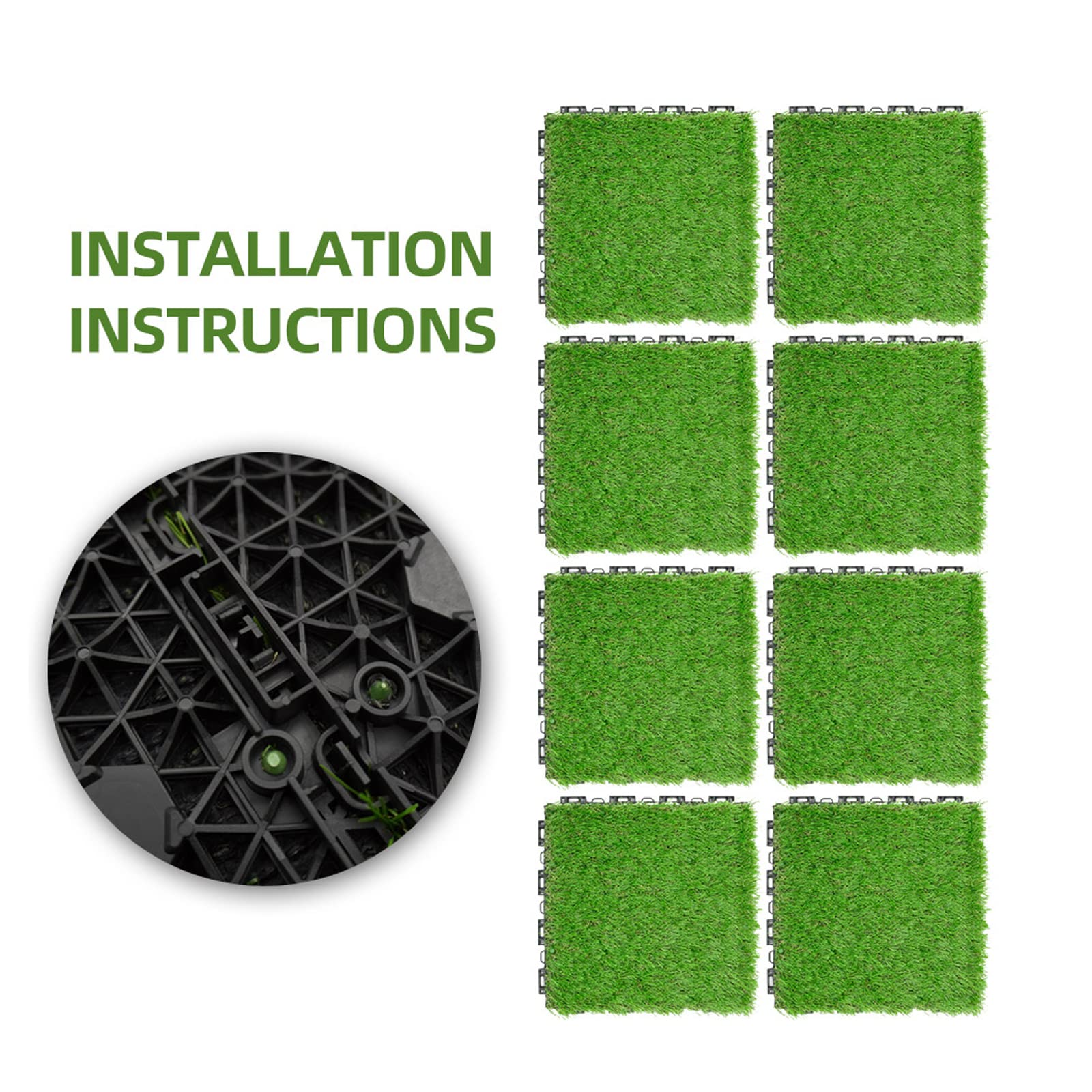 Artificial Grass Turf Tile, Interlocking Grass Rug, 1*1FT, 1.5 Inches Grass Turf Tiles for Outdoor Balcony,Patio,Garden Potty-Pads ,and Indoor Flooring Decor etc （8 Pack）