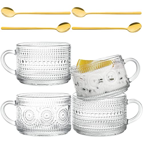 4 Pcs Vintage Glass Coffee Mugs 14 Oz Clear Embossed Tea Cups with 4 Pcs Spoons Stackable Drinking Glasses for Cappuccino Water Milk Yogurt Beverage Gift for Family and Friends