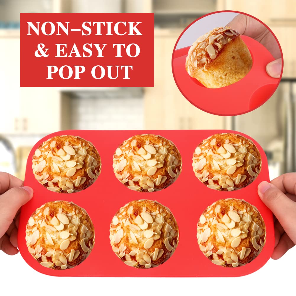 2PCS Silicone Muffin Pans Non-Stick Cupcake Pan 6 Cup Mini Muffin Pan,Reusable Muffin Baking Silicone Mol ds,Muffin Tin For Muffin,Cupcake,Brownie,2 Trays Overlapped(Red,size:9.45x6.5x1.57inch)