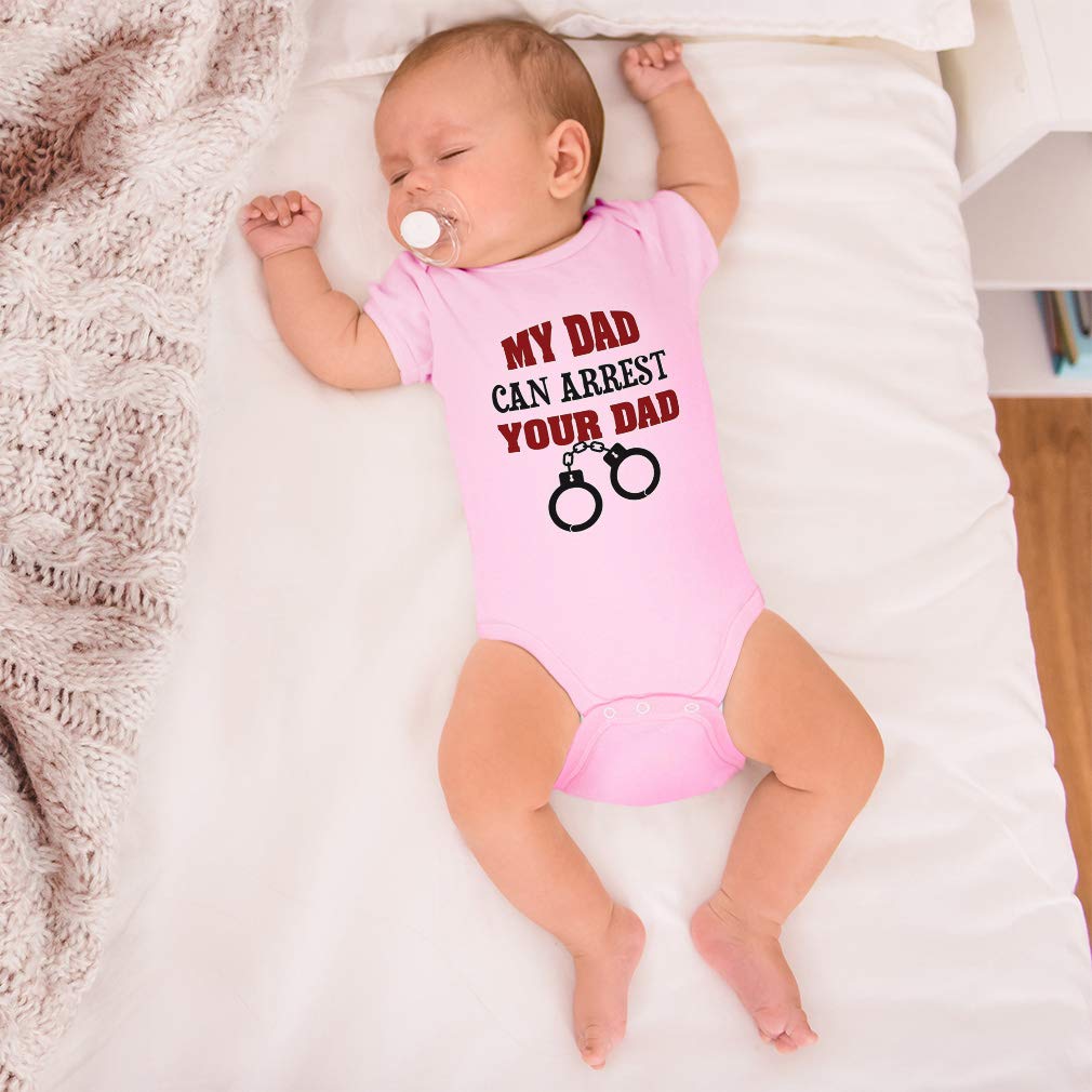 Custom Personalized Baby Bodysuit My Dad Can Arrest Your Police Cop Law Enforcement Funny Cotton Boy & Girl Striped Baby Clothes Stripes Soft Pink White Personalized Text Here 6 Months