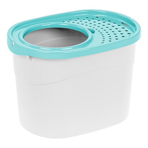 IRIS USA Oval Top Entry Cat Litter Box with Scoop, Kitty Litter Tray with Litter Catching Lid Less Tracking Dog Proof and Privacy Large, White/Seafoam