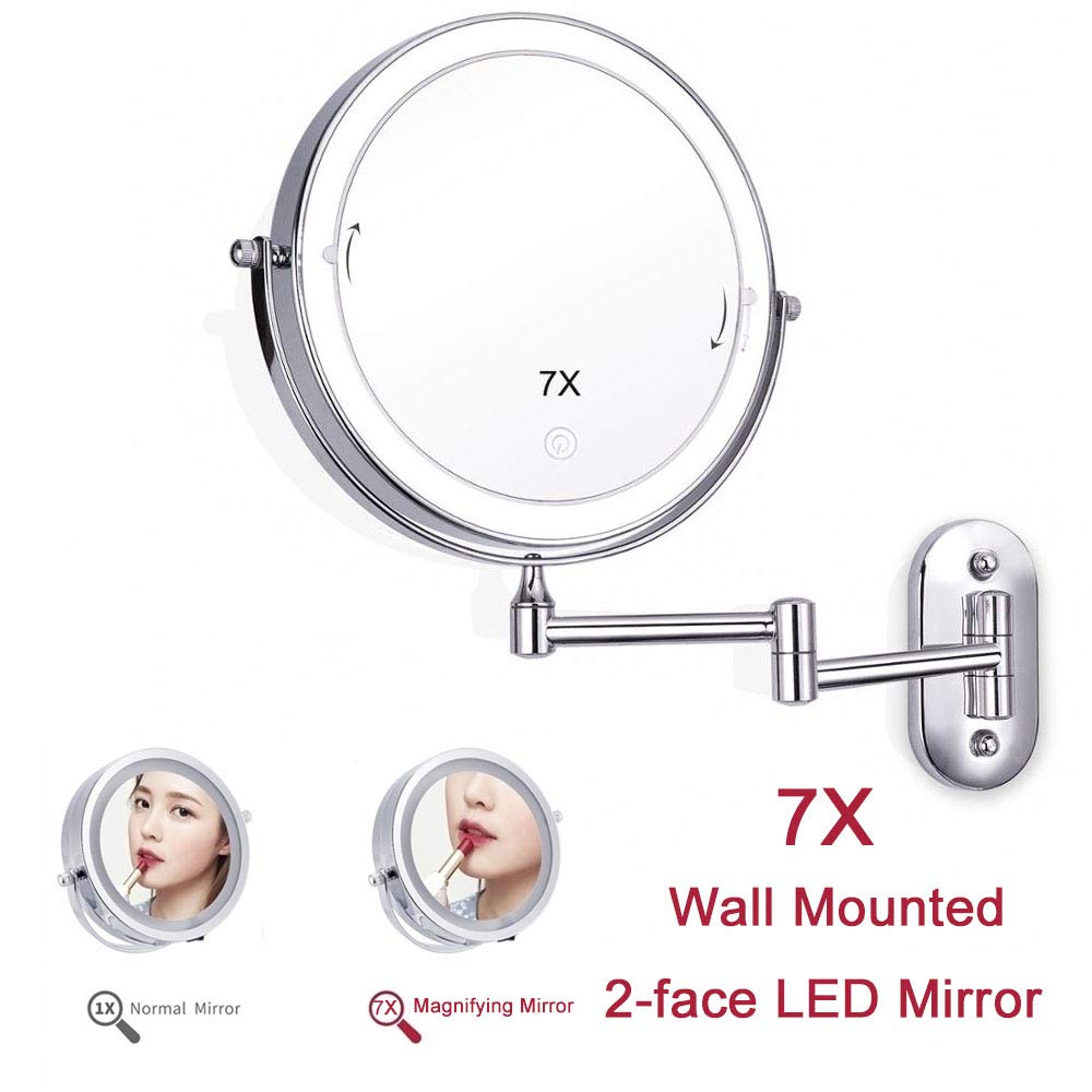 8 Inch Makeup Mirror, 7X Wall Mounted Magnifying Vanity Mirror with Lights 360 Degree Rotation Adjustable Extending Folding Bathroom Mirror for Dressing Table, Makeup Room