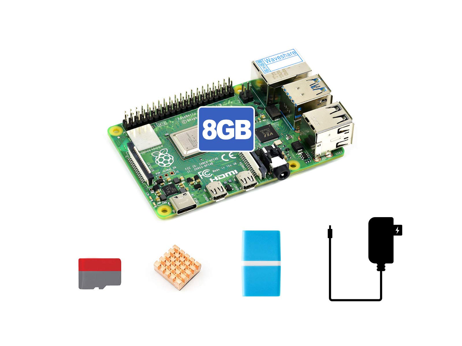 waveshare Accessory Compatible with Raspberry Pi 4B 8GB RAM, Comes with Raspberry Pi 4B 8GB, 16GB Micro SD Card, Heat Sink, Micro SD Card Reader, 5V Type-C Power Adapter (5 Items)
