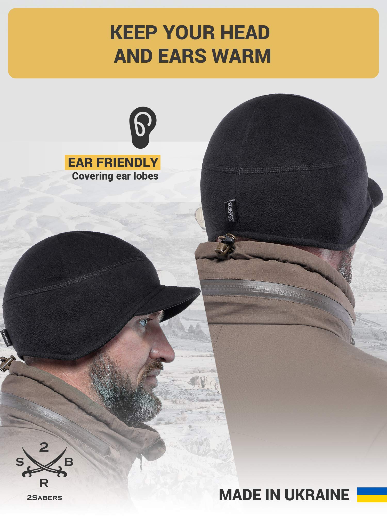 2SBR 2SABERS Fleece Winter Beanie with Visor - Men Women - Earflap Brim Skull Watch Cap Hat Black