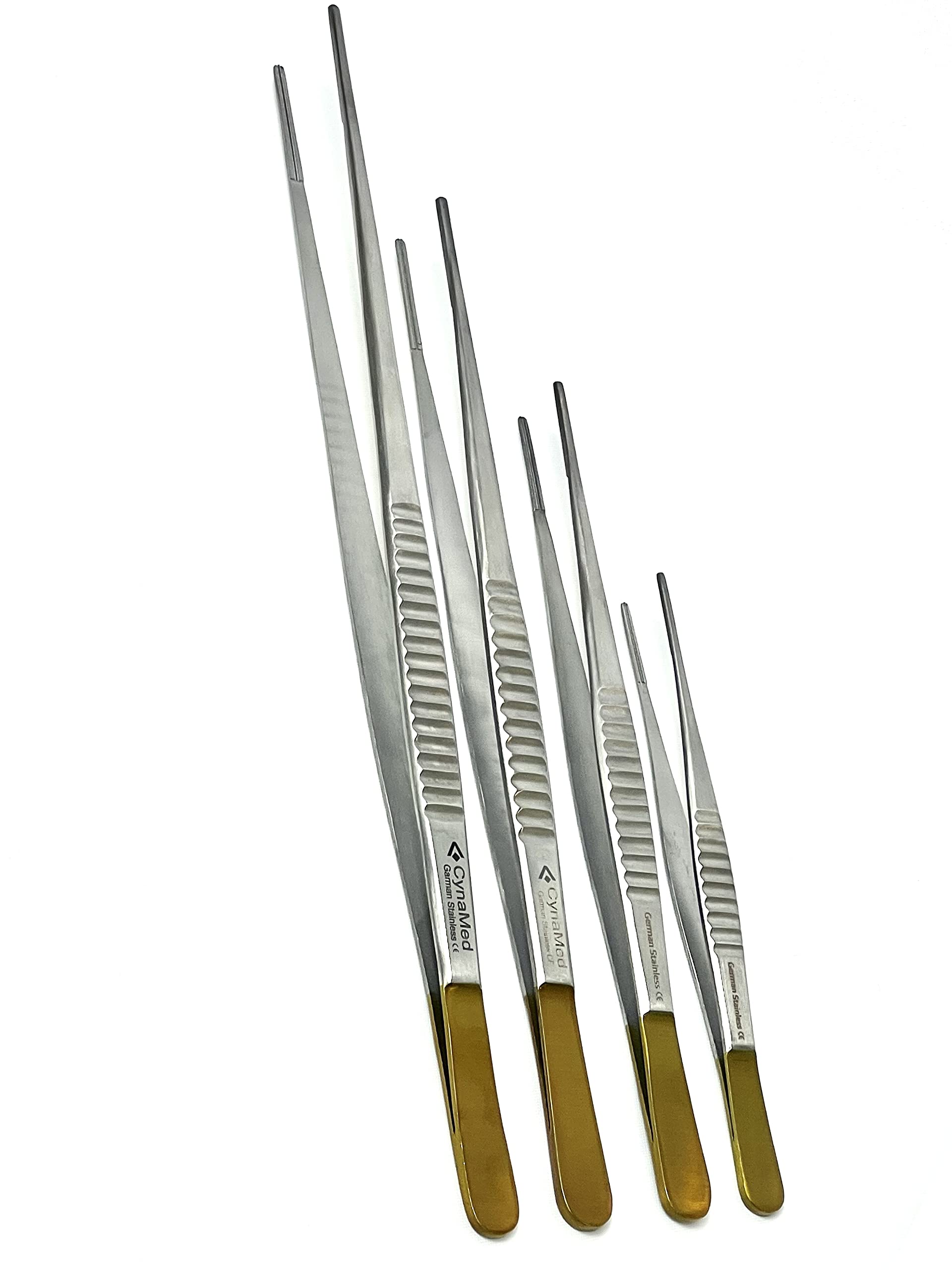 German Set of 4 Each Debakey Forceps Serrated Narrow Tips for Atraumatic Veterinary Microscopy Dissection Comes in Gold Handle 6”+8”+10”+12”