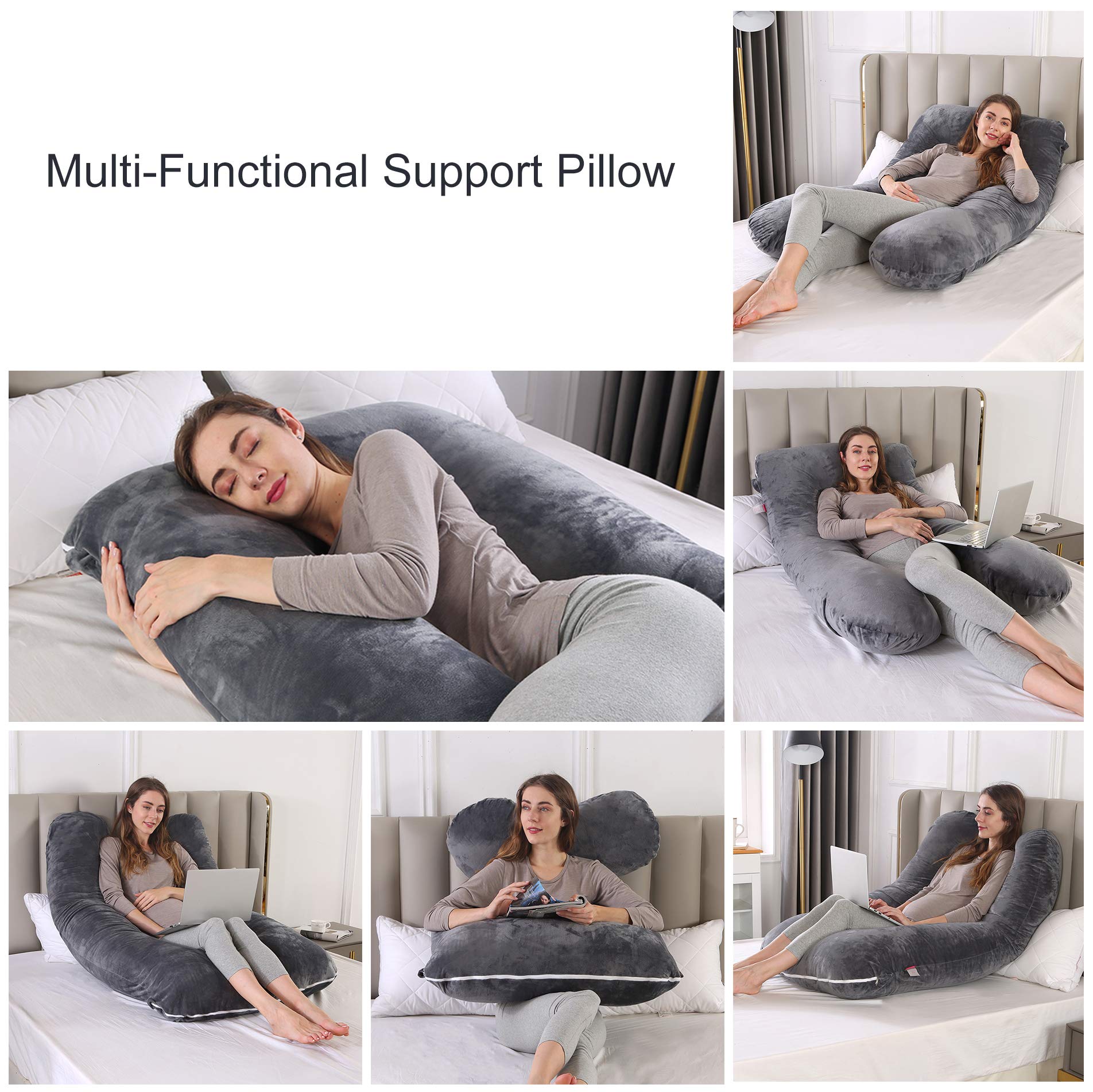 WhatsBedding Pregnancy Pillows for Sleeping, U Shaped Full Maternity Body Pillows with Machine Washable Velvet Cover (55 inches, Dark Grey)