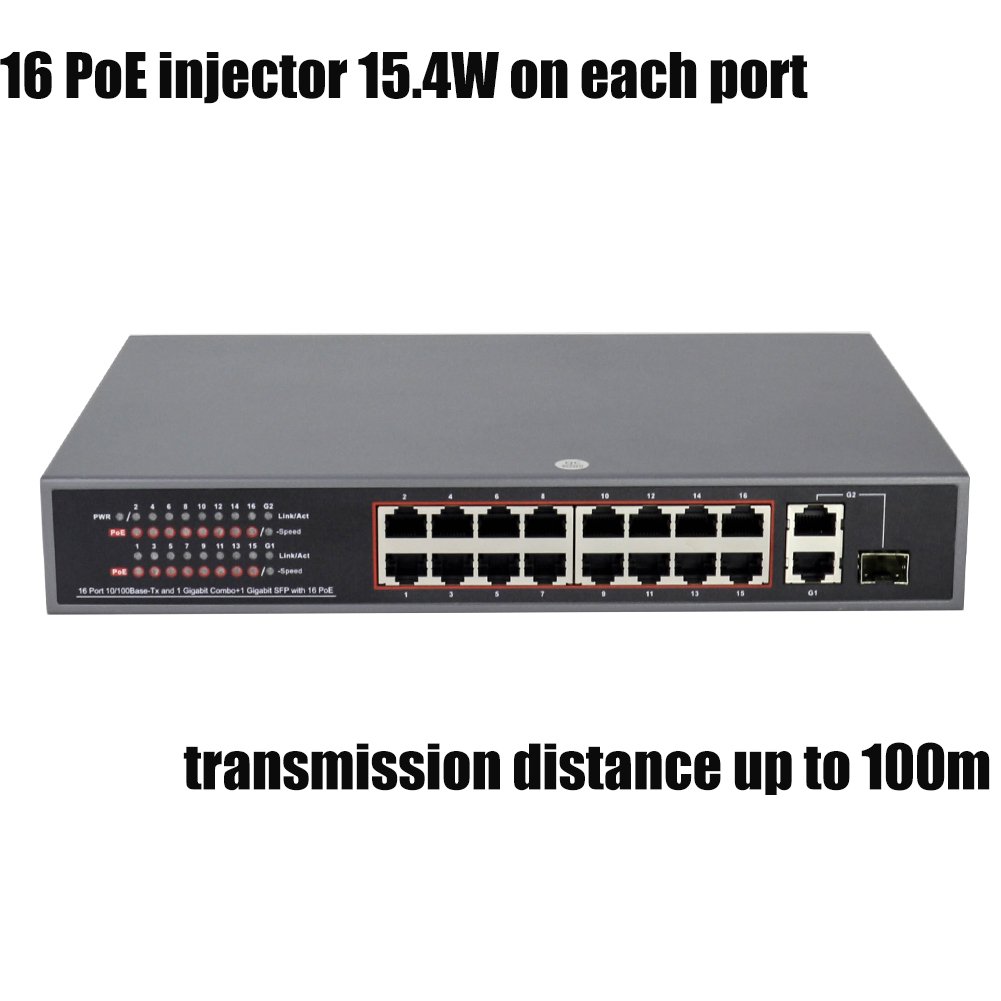 Ethernet PoE Switch with 2 Gigabit RJ45 Uplink and 1 SFP Port,16 10/100M PoE Ports Network-Switches Unmanaged 250W IEEE 802.3af Compliant
