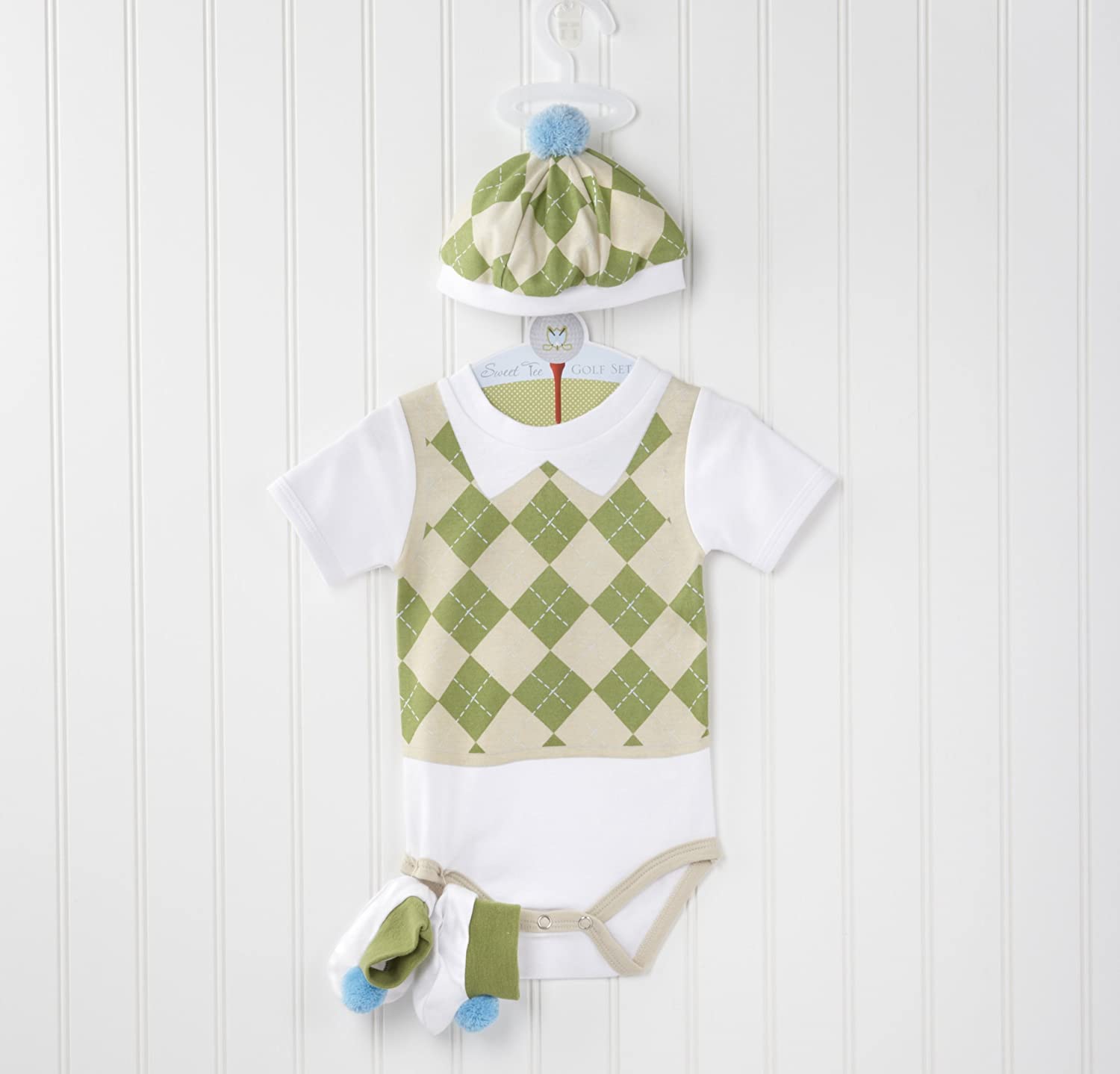 Baby Aspen Three Piece Layette Set in Golf Cart Package, Green/White, 0-6 Mos.