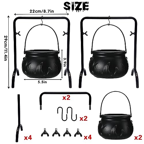 Ahzemepinyo Halloween Witches Cauldron Serving Bowls Rack Decor Set 2 Pieces Black Plastic Candy Bucket Cauldron with 2 Pieces Cauldron Rack for Halloween Party Trick or Treat Decorations