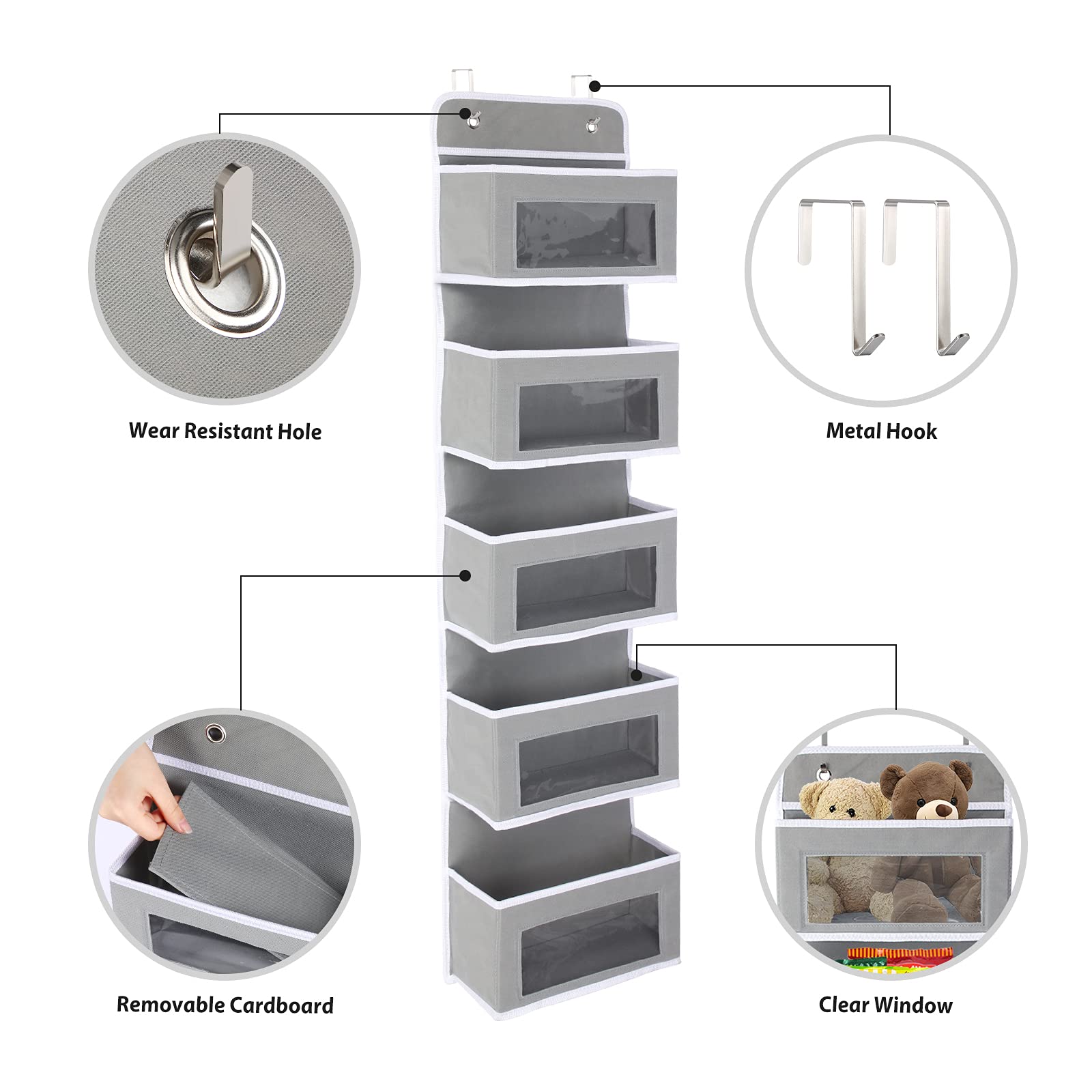 sysucpion Over The Door Hanging Organizer Storage with 5 Clear Window Large Capacity Pocket and 2 Metal Hooks for Pantry,Closet,Bathroom,Kitchen,Nursery,Dorm