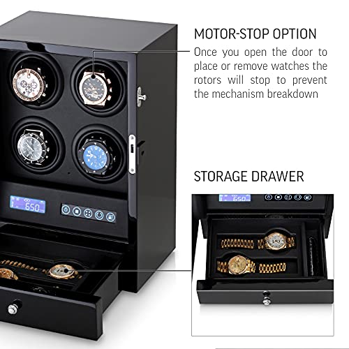 Automatic Watch Winder Box with Watches and Jewellery Storage Drawer, LED Backlight and LCD Touchscreen Control (Black + Black)