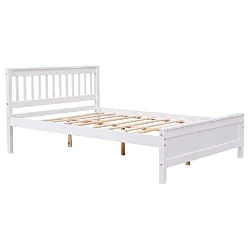 Anwick Twin Bed Frame Wood Slats Platform Twin Size Bed Frame with Headboard, No Box Spring Required Single Platform Bed Frame for Girls Boys (White)