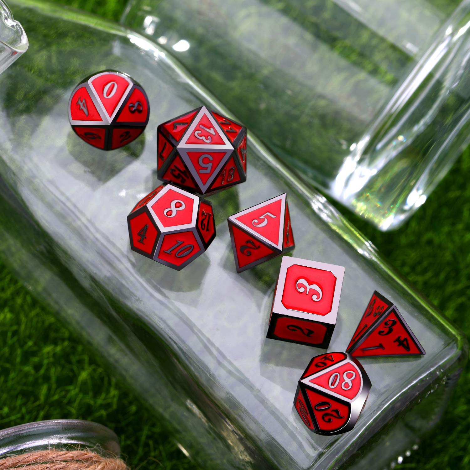 Bememo Polyhedral Metal Dices Set Zinc Alloy with Enamel Solid Metal Compatible with DND Game, Tabletop RPG, Dungeons and Dragons, Math Teaching, 7 Pieces Dice Set with Black Velvet Bag (Black Red)