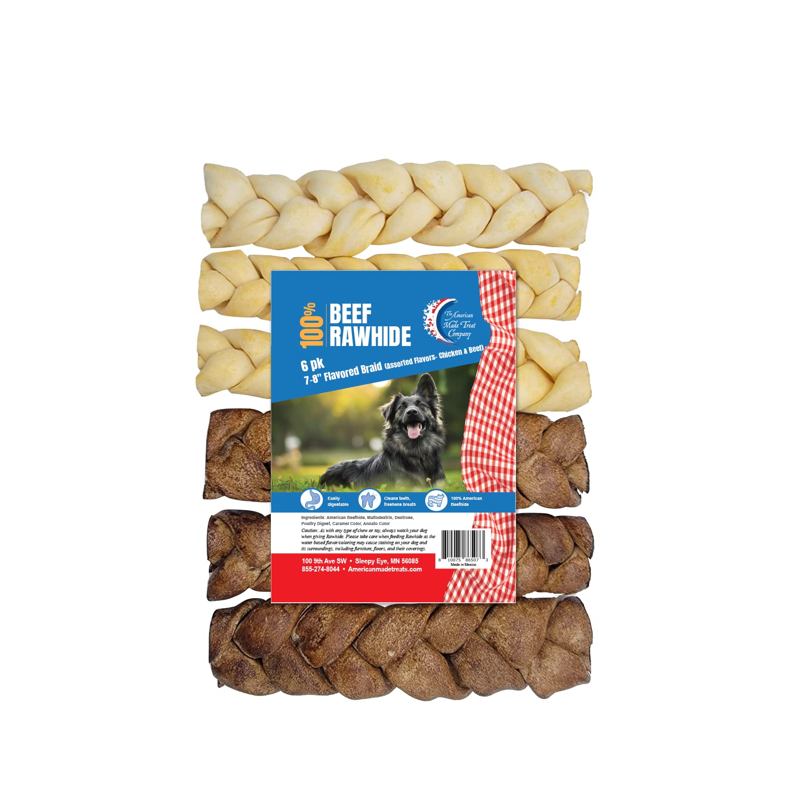 American Made Treat Co - Dog Treats, Beefhide Braids - Chicken and Beef Assorted Flavors Rawhide Chews for Dental Health & Protein - 7-8" - 6 Pack