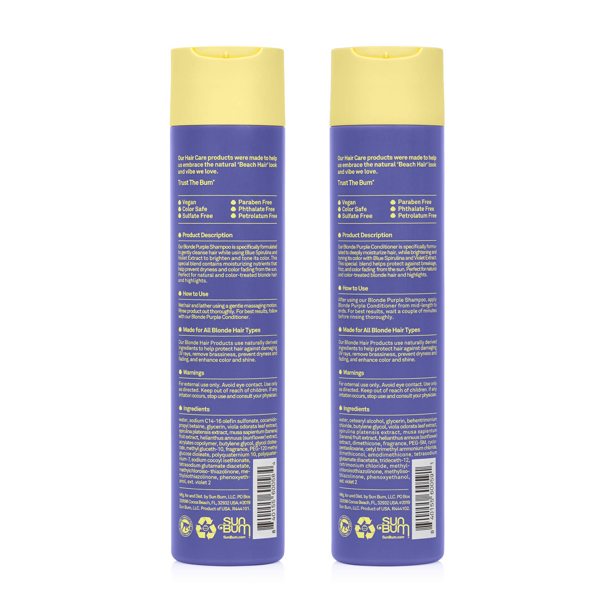 Sun Bum Blonde Purple Shampoo & Conditioner - UV-Protecting, Cruelty-Free, Color Enhancing and Toning Treatment for Blondes, 10 Ounce