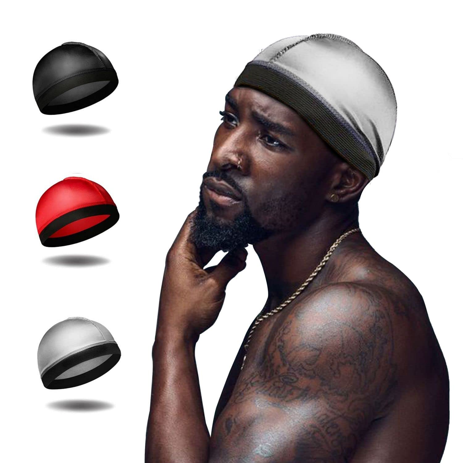 3PCS Wave Cap, Wave Caps for Men, Silk Durag Compression Cap for 360, 540, 720 Waves (Black, Red, Silver)