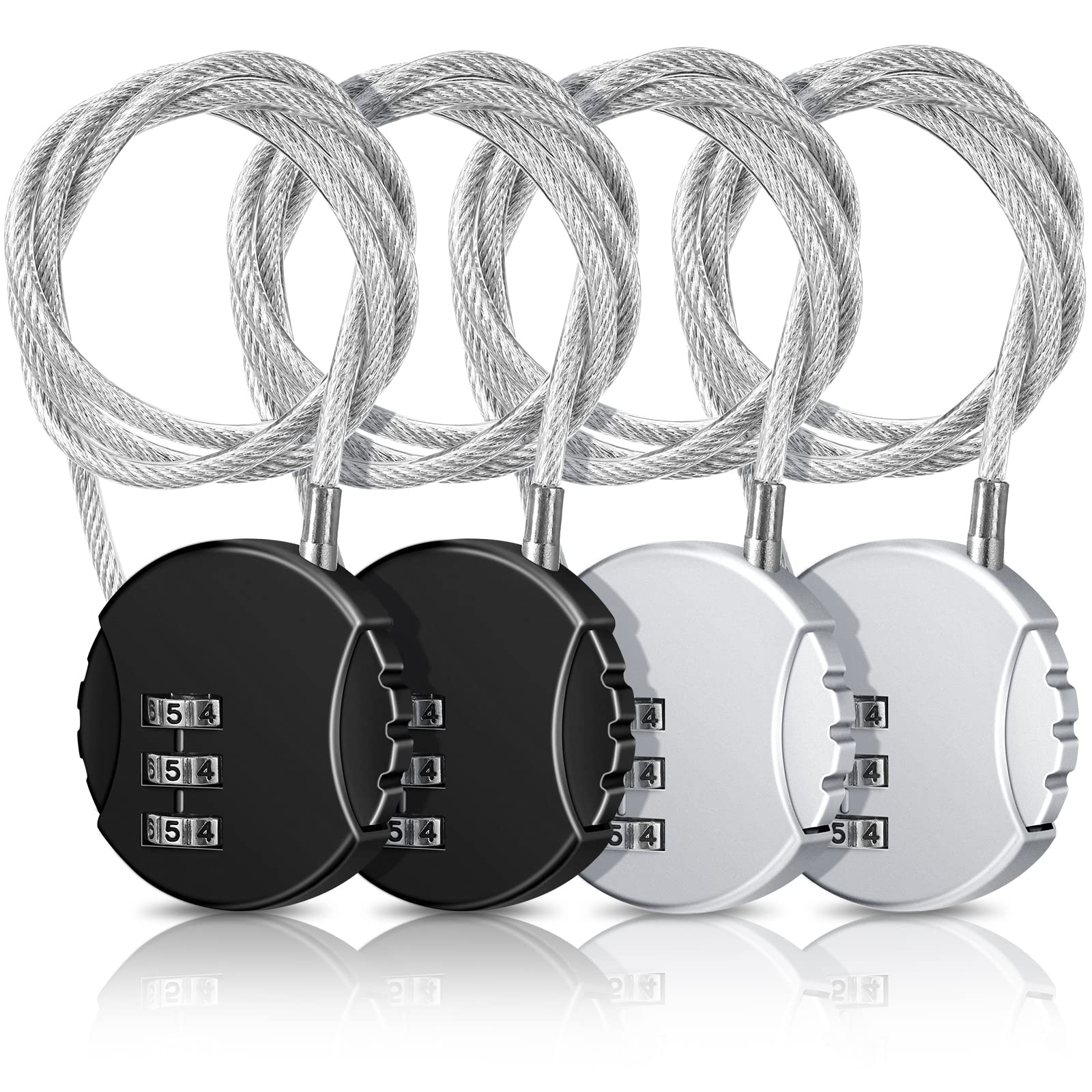 4 Pieces 3 Digit Combination Lock Wire Stroller Waterproof Padlock Cable Locks Lightweight Locker Lock Flexible Gate Lock for School Luggage Helmet Gym Fence Door Sports Bike (Black, Silver)