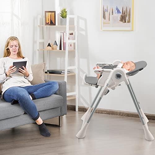 BABY JOY Convertible High Chair for Babies & Toddlers, Foldable Highchair with Adjustable Backrest/Footrest/Seat Height, Double Removable Tray, Detachable PU Cushion, Built-in Front Wheels (Gray)