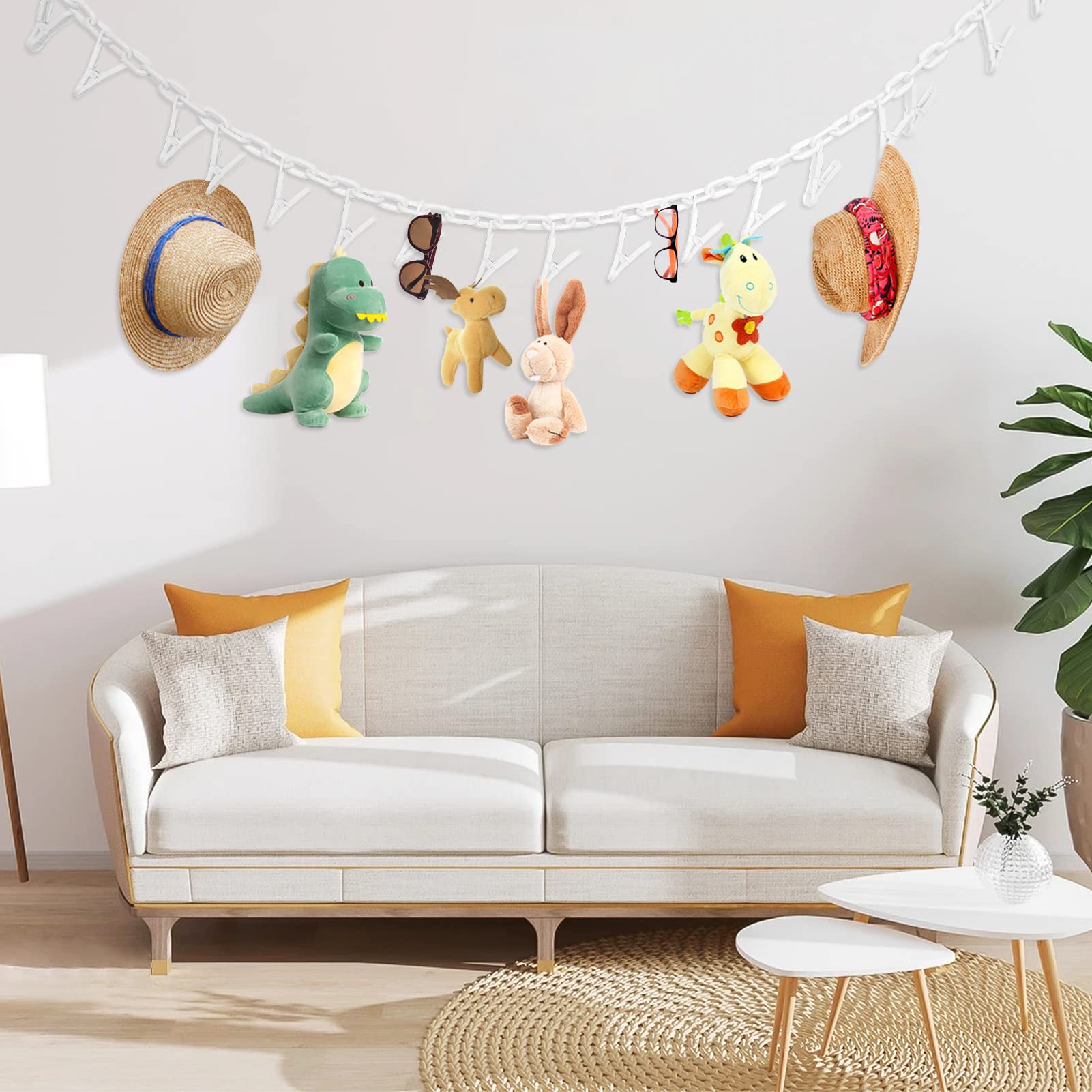 3Pcs- 6.4Ft Plastic Toy Chain Organizer Storage Chain with 60 Clips, Stuffed Animal Storage Teddy Chain with 3 Ceiling Hooks and 3 S-hooks for Hanging Plush Toys Hats Socks Cards (White)