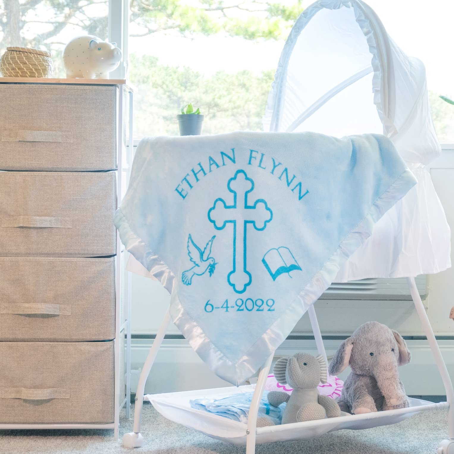 Custom Catch Personalized Baptism Baby Blanket Gift - Boy or Girl Christening - Name and Date (2 Text Lines)