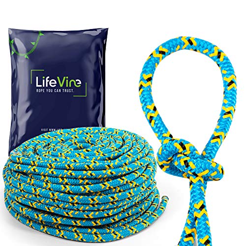 Arborist Tree Rope, Bull Rope, Static Rope, Tree Rope, 18KN, 16 Strand, 1/2 Inch Diameter, 150 Foot, Double Braided, Blue, Black, & Yellow