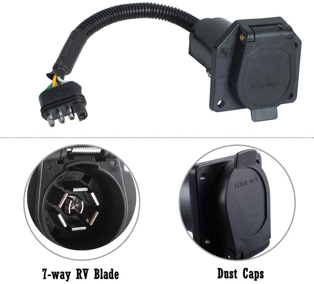 4 Flat to 7 Blade Trailer Light Adapter, Wiring Reverse Plug Connector with Mounting Bracket for Car Truck RV Side to Trailer Side Towing Solutions, RV 7 Pin to 4 Pin Trailer Adapter