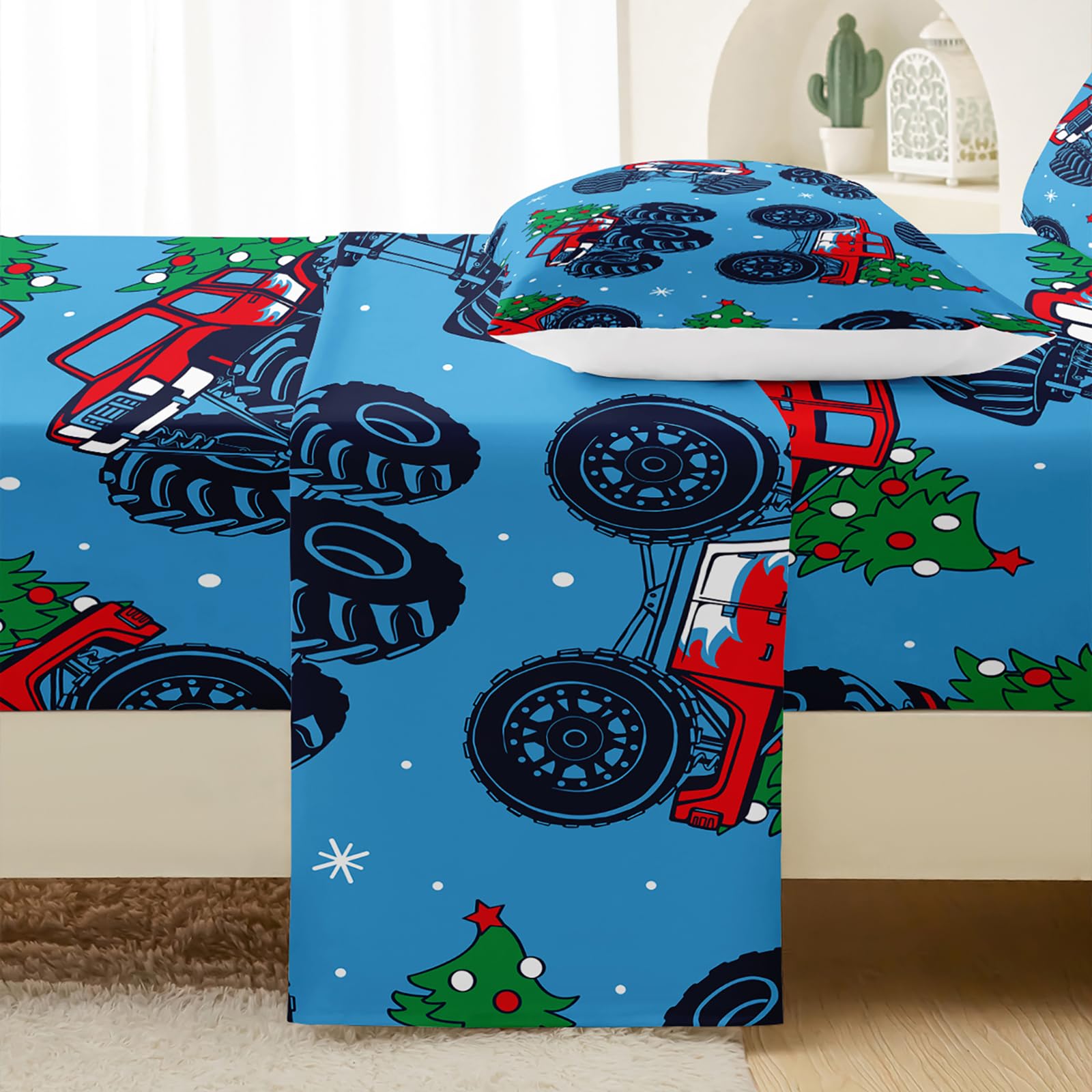 QOOMO Truck Sheets Set Twin Size, Kids Sheets Set Set,Christmas Tree Truck Printing Bedding Ultra Soft,Ultra Sheets Set Twin Size 1 Fitted Sheet, 1 Flat Sheet, 2 Pillow Cases